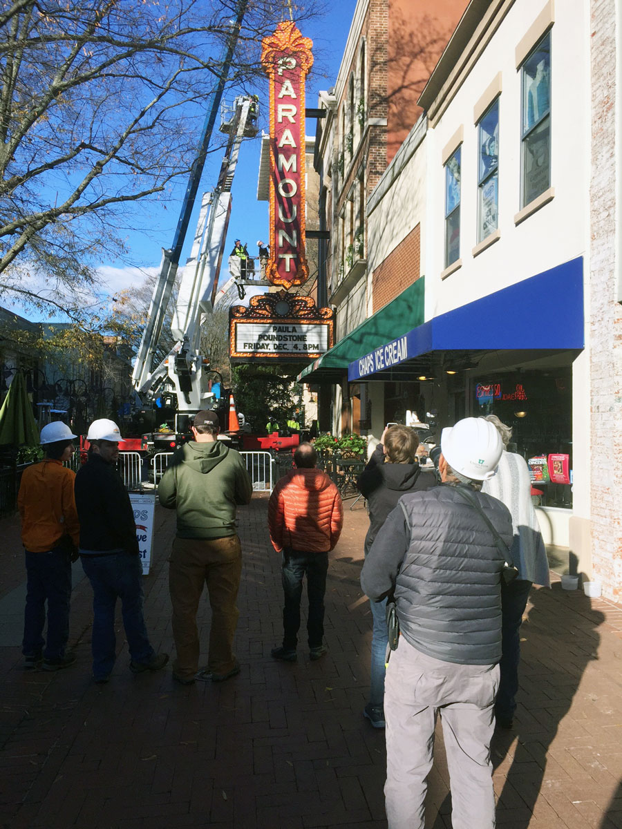 The Paramount Theater’s vertical blade sign installation